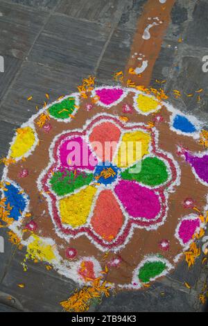 Nepal, Kathmandu, Tihar festival, mandala, house entrance decoration ...
