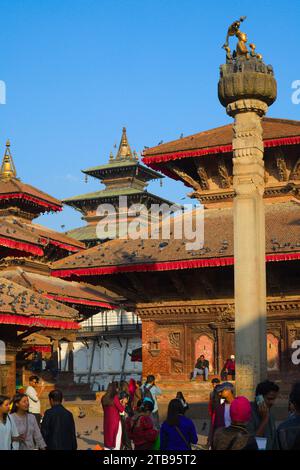 The statue of King Pratap Malla on top of the column, 1670, in Durbar ...