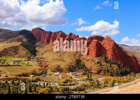 Aerial view of Jeti-Oguz gorge with huge red-brown cliffs Stock Photo ...