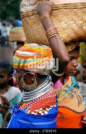 Bondas tribal people at the Ankudeli market. The Bonda, also known as ...