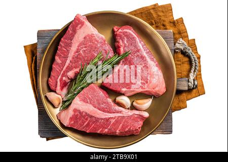 Raw Topside sirloin beef cut on steel plate with spices. Isolated on ...