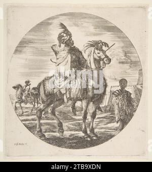 Moorish horseman in profile facing right, in the background a pyramid ...