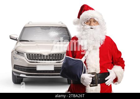 Santa claus with a car crash injury gesturing thumbs up isolated on ...