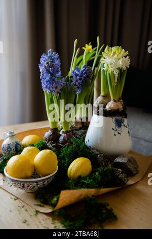Simple table setting and hyacinth flowers on pink background Stock ...