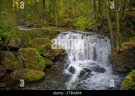 View of a waterfall (Whatcom Creek) from the stone bridge in Whatcom ...