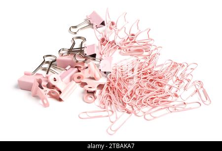 Set of pink paper clips, binders and pins on white background Stock ...
