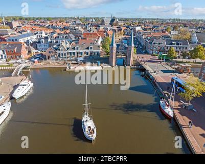 Aerial from the city Sneek with the Watergate in Friesland the ...