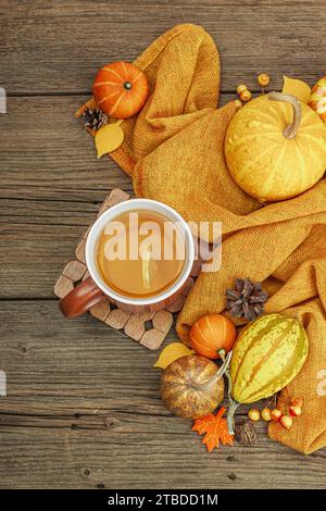 Spicy pumpkin tea, autumn hot drink glass cup, with pumpkins, cinnamon ...