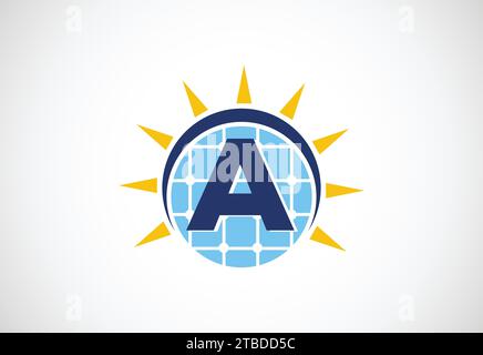 English alphabet with solar panel and sun sign. Sun solar energy logo ...