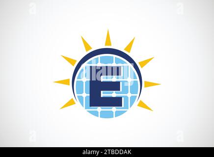 English alphabet with solar panel and sun sign. Sun solar energy logo ...