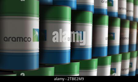 Poznan, Poland, December 6, 2023: Saudi Aramco Oil Company barrels in ...