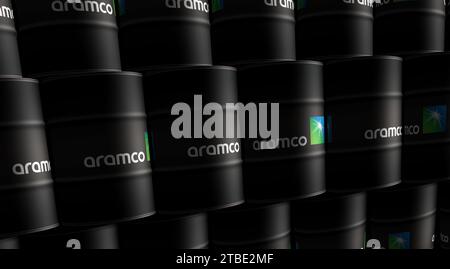 Poznan, Poland, December 6, 2023: Saudi Aramco Oil Company barrels in ...