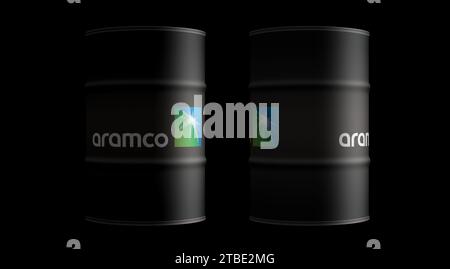 Poznan, Poland, December 6, 2023: Saudi Aramco Oil Company barrels in ...