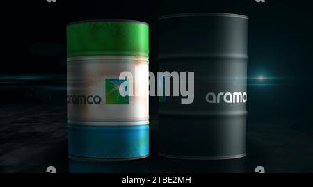 Poznan, Poland, December 6, 2023: Saudi Aramco Oil Company barrels in ...