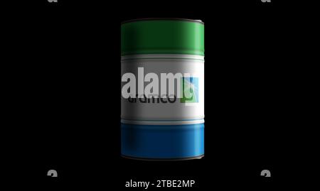 Poznan, Poland, December 6, 2023: Saudi Aramco Oil Company barrels in ...