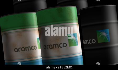 Poznan, Poland, December 6, 2023: Saudi Aramco Oil Company barrels in ...