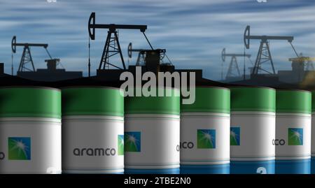 Poznan, Poland, December 6, 2023: Saudi Aramco Oil Company barrels in ...