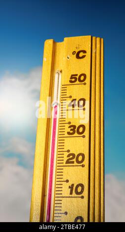 Hot summer day, the thermometer displays a high heatwave temperature of ...