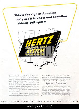 Hertz, car rental service advert in a Natgeo magazine, October 1956 ...
