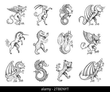 Medieval heraldic animals and monsters sketch, vector fantasy heraldry ...