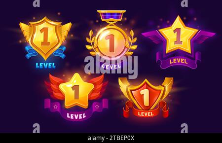 Game gold badges with level number. Achievement rank emblems, golden ...