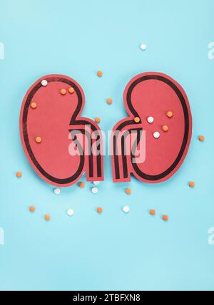 Kidney and differents pills on blue background. Organ diseases and ...