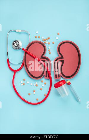 Kidney and differents pills on blue background. Organ diseases and ...