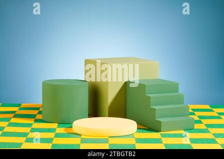 A set of geometric shape podiums are arranged over the blue background ...