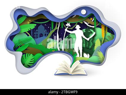 Adventure book with story about expedition in jungle papercut vector ...