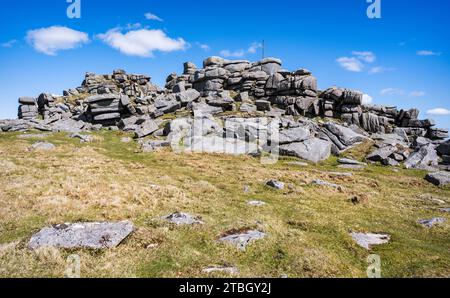 Fortress-like granite "stack" on West Mill Tor, Dartmoor National Park ...