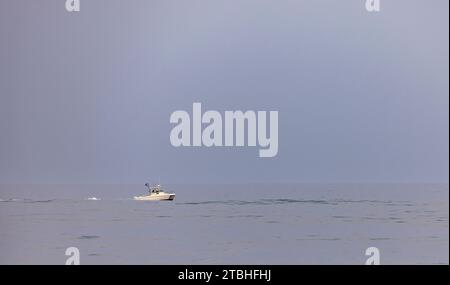 small white power boat off flying point beach Stock Photo - Alamy
