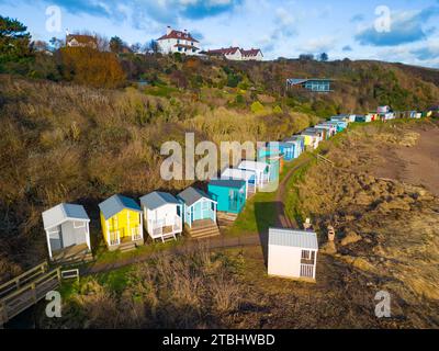 Aerial view of beach huts at Coldingham Sands beach at Coldingham Bay ...