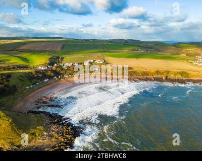 Aerial view of beach in Coldingham Bay in Scottish Borders, Scotland ...