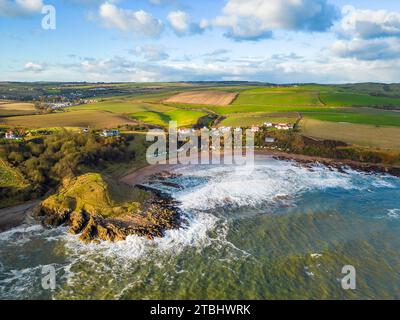 Aerial view of beach in Coldingham Bay in Scottish Borders, Scotland ...