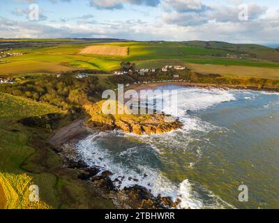 Aerial view of coastline at Coldingham Bay in Scottish Borders ...