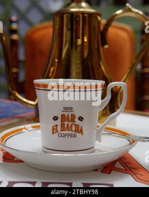 Bacha Coffee Cafe inside Dar el Bacha Palace. Close up of coffee mugs ...