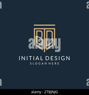 Luxury BD logo monogram shield shape monoline style with gold color and ...
