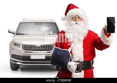Santa Claus with an injured arm from a car accident isolated on white ...