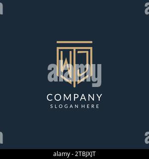 Luxury WJ logo monogram shield shape monoline style with gold color and dark background vector ...