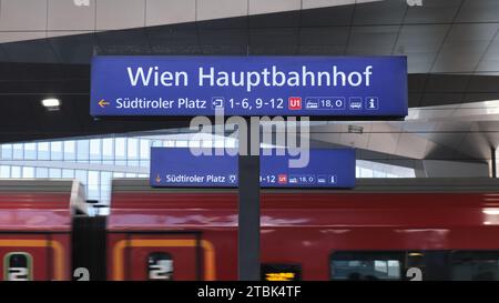 Vienna central station Hauptbahnhof sign on train platform, at night ...