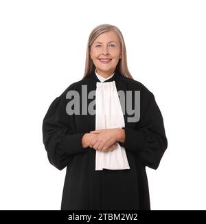 Smiling senior judge in court dress on white background Stock Photo - Alamy
