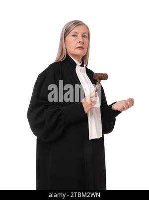 Beautiful senior judge with gavel on white background Stock Photo - Alamy