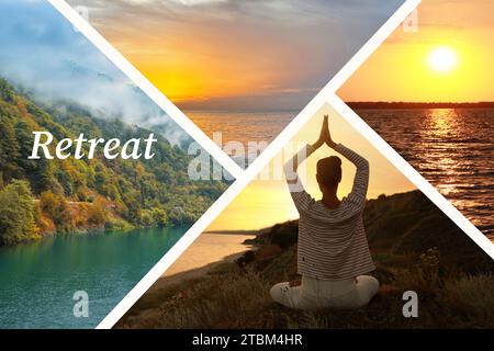 Wellness retreat. Collage with beautiful landscapes and photos of ...
