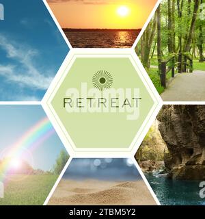 Wellness retreat. Collage with beautiful landscapes and photos of ...