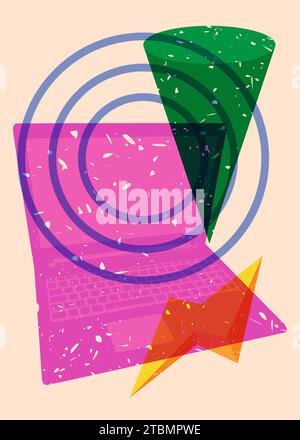 Risograph Laptop with geometric shapes. Objects in trendy riso graph ...