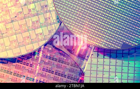 background of silicon wafer semiconductor with neon color, integrated ...