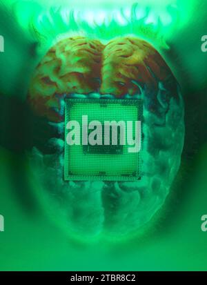 Human brain anatomical model with CPU processor microchip on the laptop monitor screen Stock ...