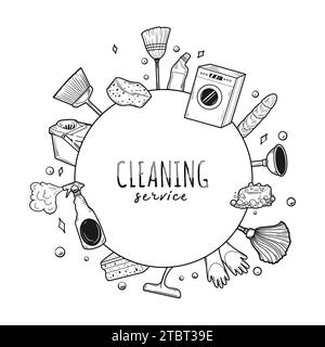 Hand drawn set of cleaning equipments, sponge, spray, broom, bucket in ...