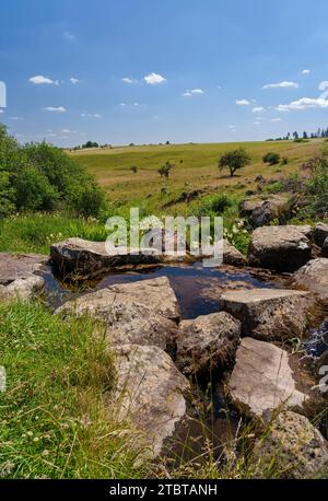 The waterfall at the Eisgraben in the Hohe Rhön nature reserve, Rhön ...