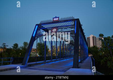 Illuminated Historic Wells Street Bridge at Twilight, Fort Wayne Stock ...